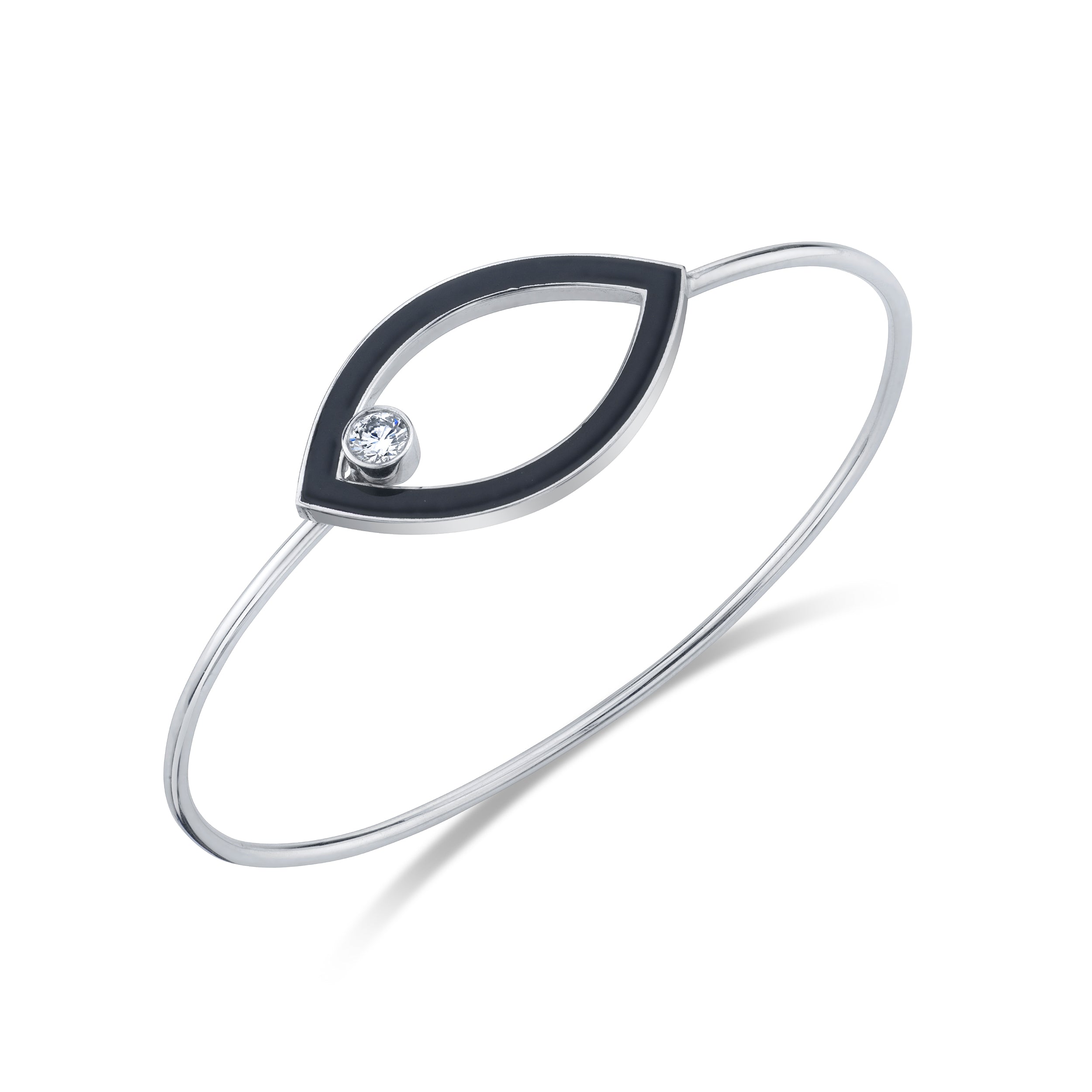 Large Open Enamel Marquise Bangle With Bezel Stone Closure Diamond